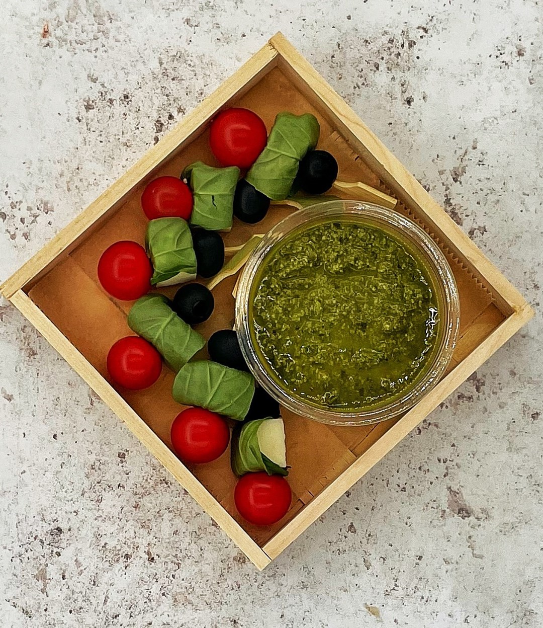 Mozzarella, Tomato, Olive & Basil Sticks